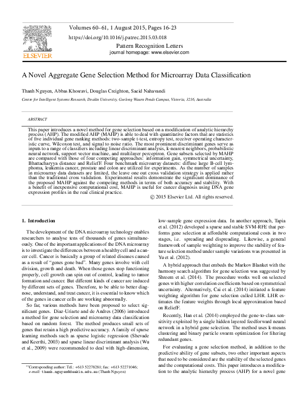Pdf A Novel Aggregate Gene Selection Method For Microarray Data Classification 
