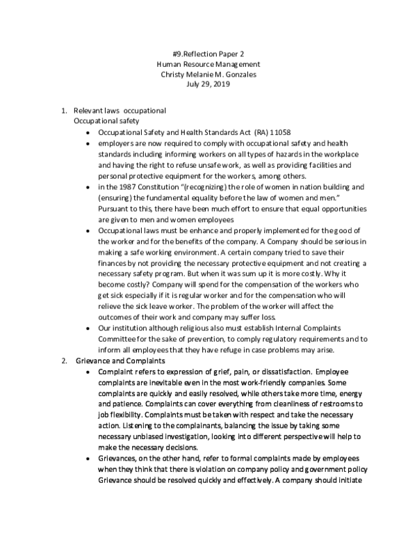 (DOC) 9.Reflection Paper 2 Human Resource Management