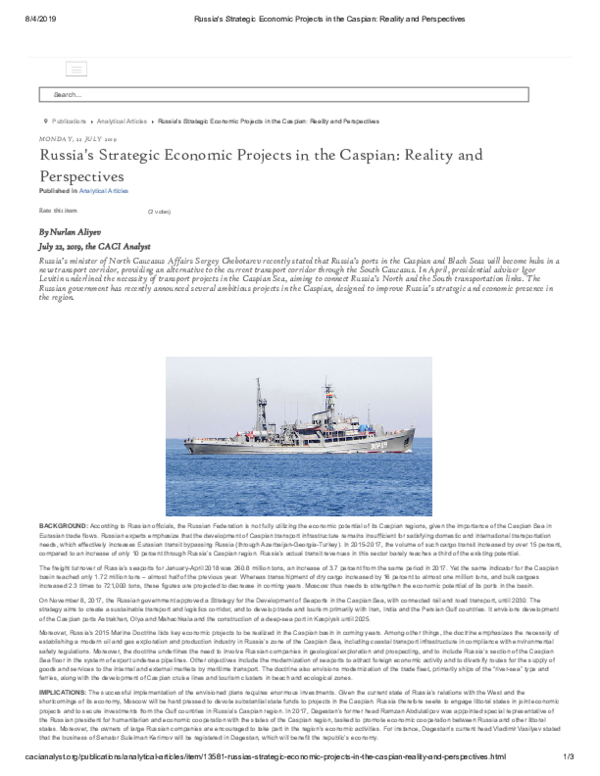 (PDF) Russia's Strategic Economic Projects in the Caspian: Reality and ...