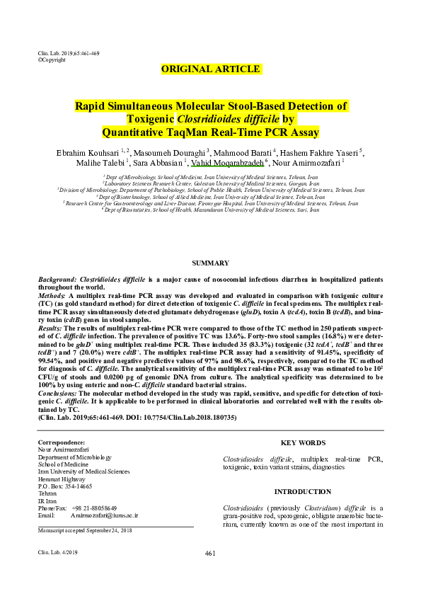 (PDF) Rapid Simultaneous Molecular Stool-Based Detection of Toxigenic ...