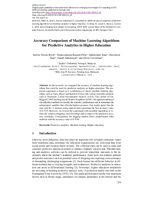 Pdf Accuracy Comparison Of Machine Learning Algorithms For Predictive Analytics In Higher