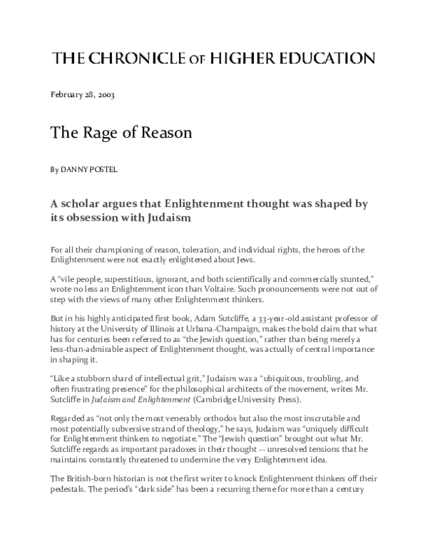 (PDF) The Rage of Reason: On Adam Sutcliffe's Judaism and Enlightenment