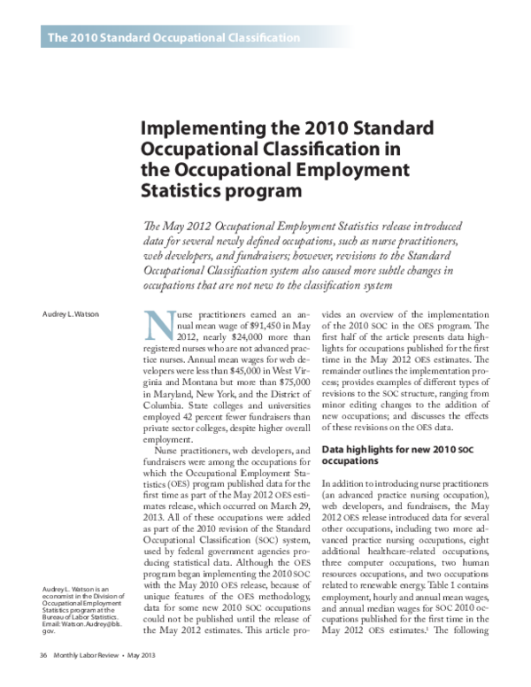 (PDF) The 2010 Standard Occupational Classification Implementing the ...