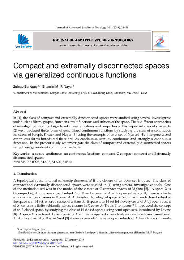 (PDF) Compact and extremally disconnected spaces via generalized continuous functions