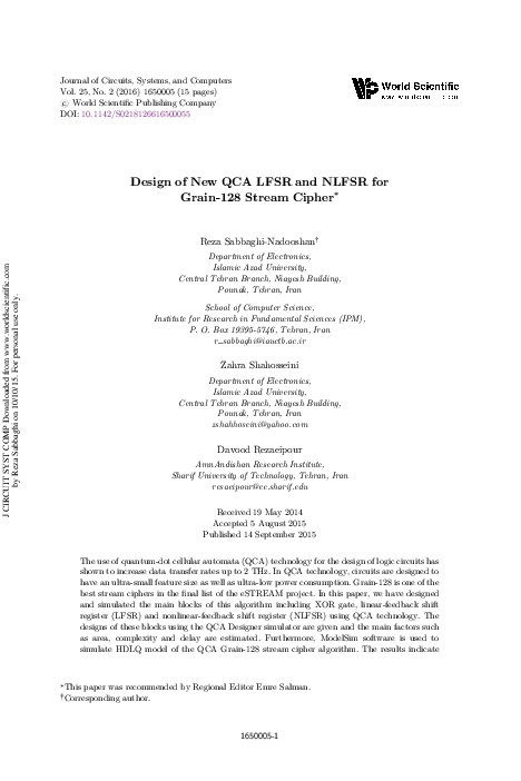 (PDF) Design of New QCA LFSR and NLFSR for Grain-128 Stream Cipher