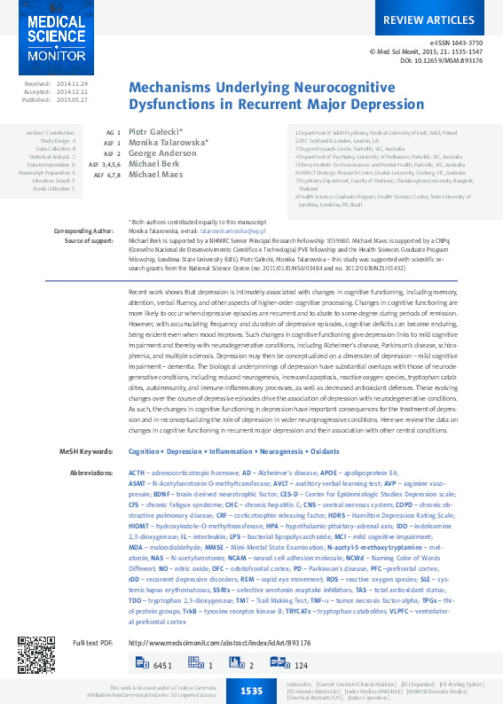 (PDF) Mechanisms Underlying Neurocognitive Dysfunctions in Recurrent Major Depression