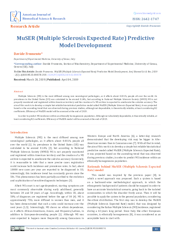 (PDF) MuSER (Multiple Sclerosis Expected Rate) Predictive Model Development
