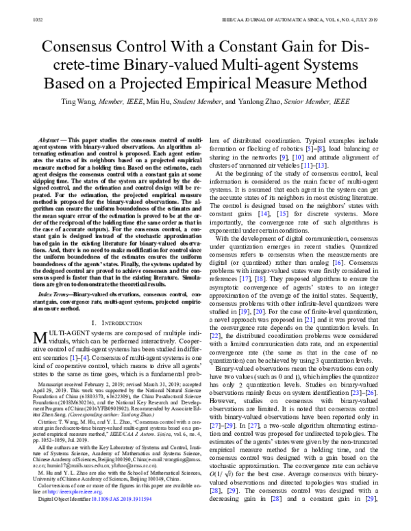 Pdf Consensus Control With A Constant Gain For Discrete Time Binary Valued Multi Agent Systems 8383