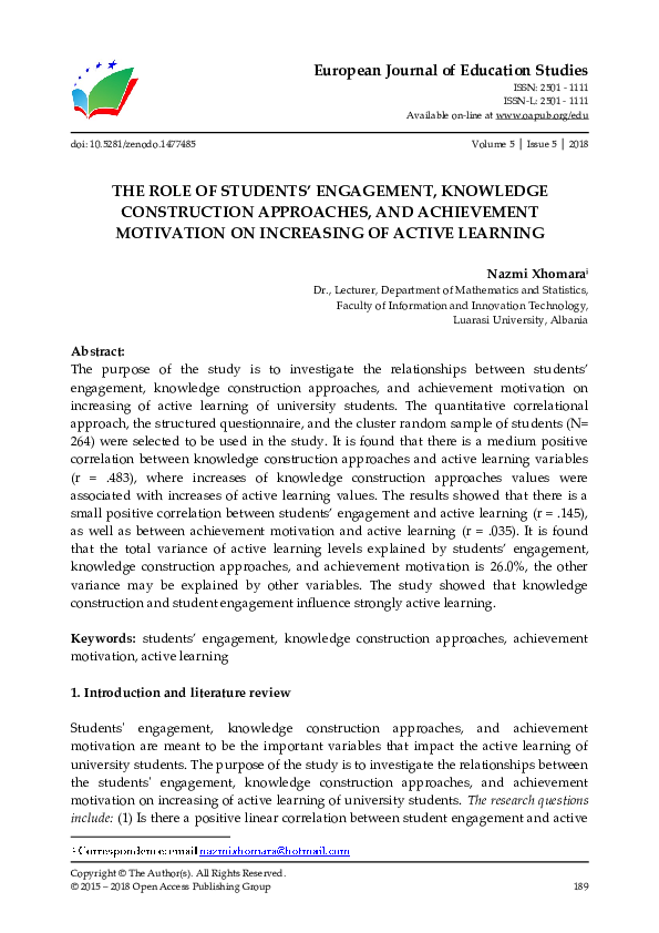 (PDF) The role of students’ engagement, knowledge construction ...
