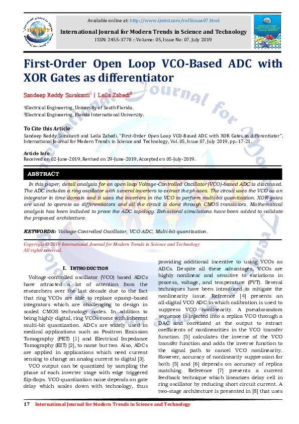 Pdf First Order Open Loop Vco Based Adc With Xor Gates As Differentiator