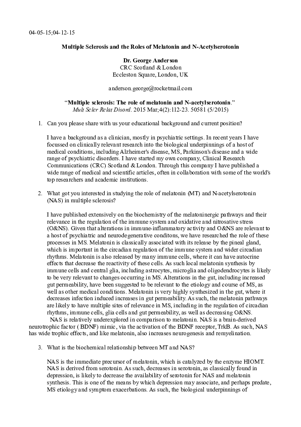 (PDF) Multiple Sclerosis and the Roles of Melatonin and N-Acetylserotonin