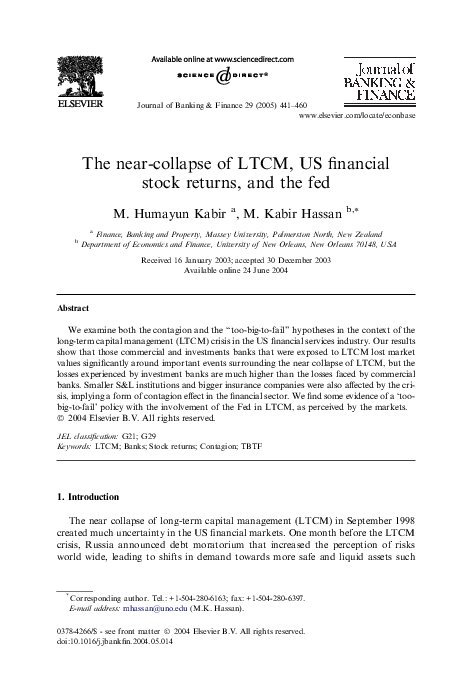 (PDF) The Near-Collapse of LTCM, U.S. Financial Stock Returns, and the FED