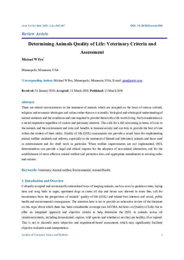 (PDF) Determining Animals Quality of Life: Veterinary Criteria and ...