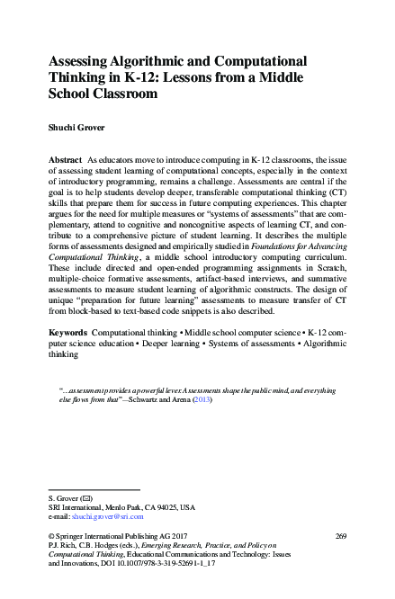 Pdf Assessing Algorithmic And Computational Thinking In K 12 Lessons From A Middle School