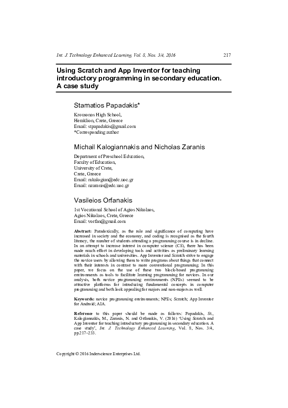 Pdf Using Scratch And App Inventor For Teaching Introductory Programming In Secondary