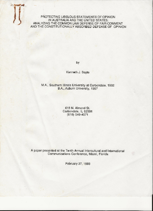 (PDF) Protecting Libelous Statements of Opinion in Australia and the ...