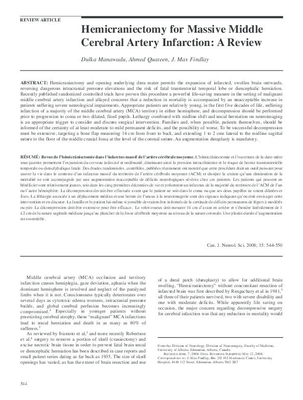 (PDF) Hemicraniectomy for Massive Middle Cerebral Artery Infarction: A ...