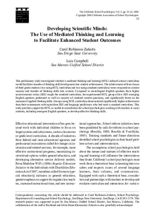 (PDF) Developing Scientific Minds: The Use of Mediated Thinking and Learning to Facilitate ...