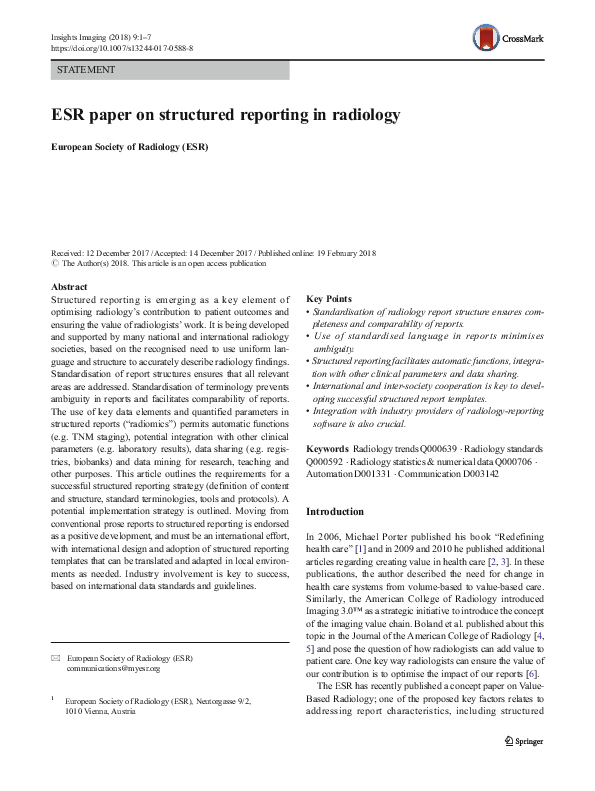 (PDF) ESR paper on structured reporting in radiology European Society ...