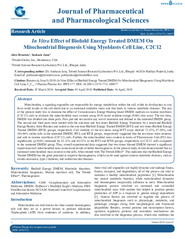 (PDF) In Vitro Effect of Biofield Energy Treated DMEM On Mitochondrial ...