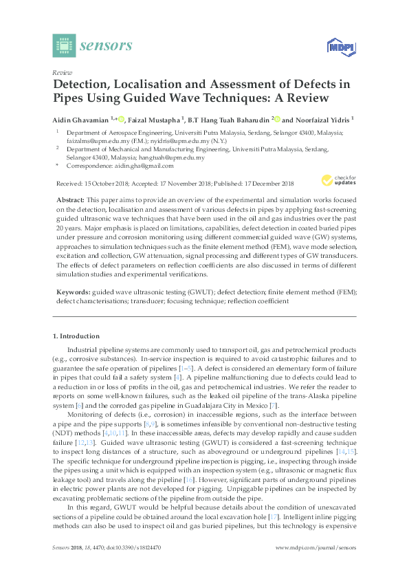 Pdf Detection Localisation And Assessment Of Defects In Pipes Using Guided Wave Techniques A