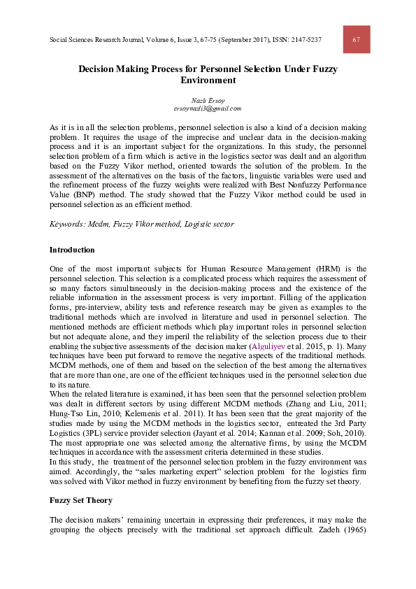 (PDF) Decision Making Process for Personnel Selection Under Fuzzy Environment