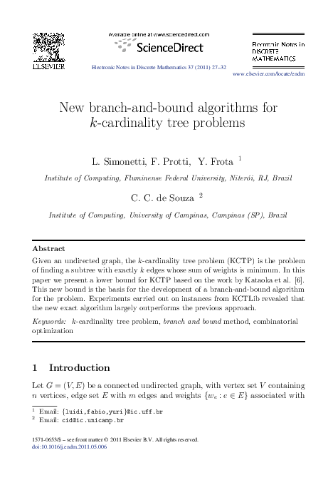 Pdf New Branch And Bound Algorithms For K Cardinality Tree Problems
