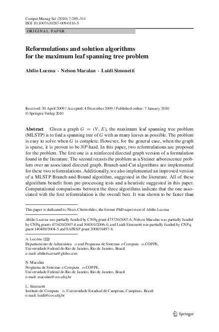 Pdf Reformulations And Solution Algorithms For The Maximum Leaf Spanning Tree Problem