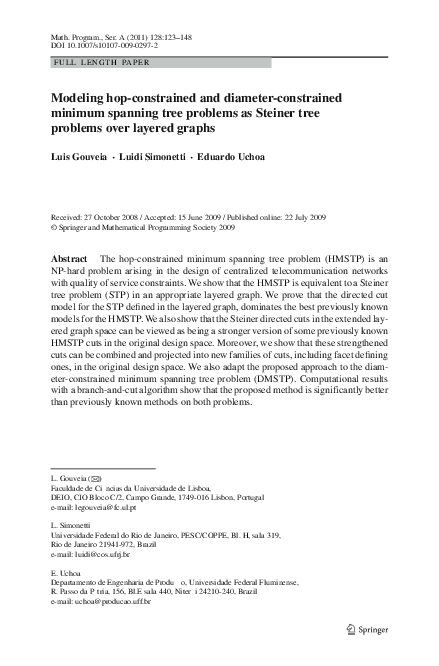 Pdf Modeling Hop Constrained And Diameter Constrained Minimum Spanning Tree Problems As 