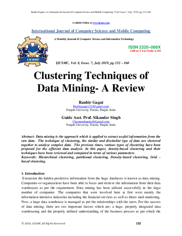 Pdf Clustering Techniques Of Data Mining A Review﻿ Ijcsmc Journal