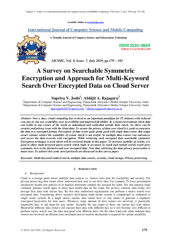 (PDF) A Survey on Searchable Symmetric Encryption and Approach for Multi-Keyword Search Over ...