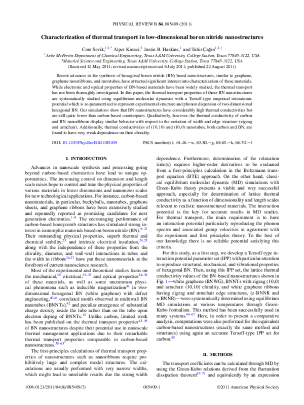 (PDF) Characterization of thermal transport in low-dimensional boron nitride nanostructures