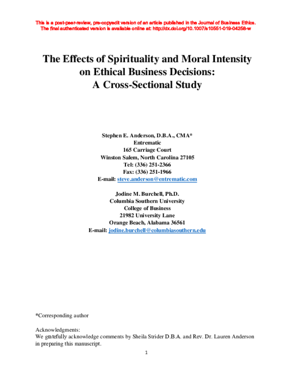(PDF) The Effects of Spirituality and Moral Intensity on Ethical ...