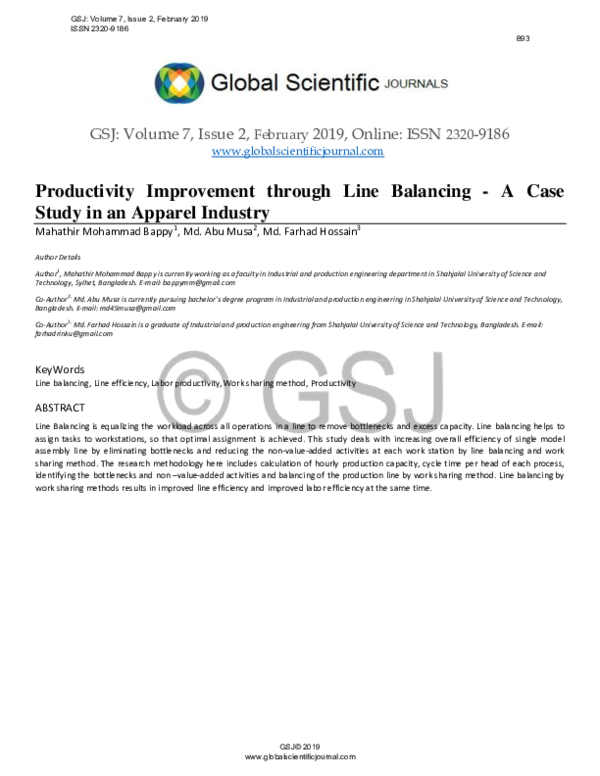 (PDF) Productivity Improvement through Line Balancing -A Case Study in an Apparel Industry