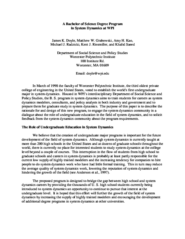 (PDF) A Bachelor of Science degree program in system dynamics at WPI
