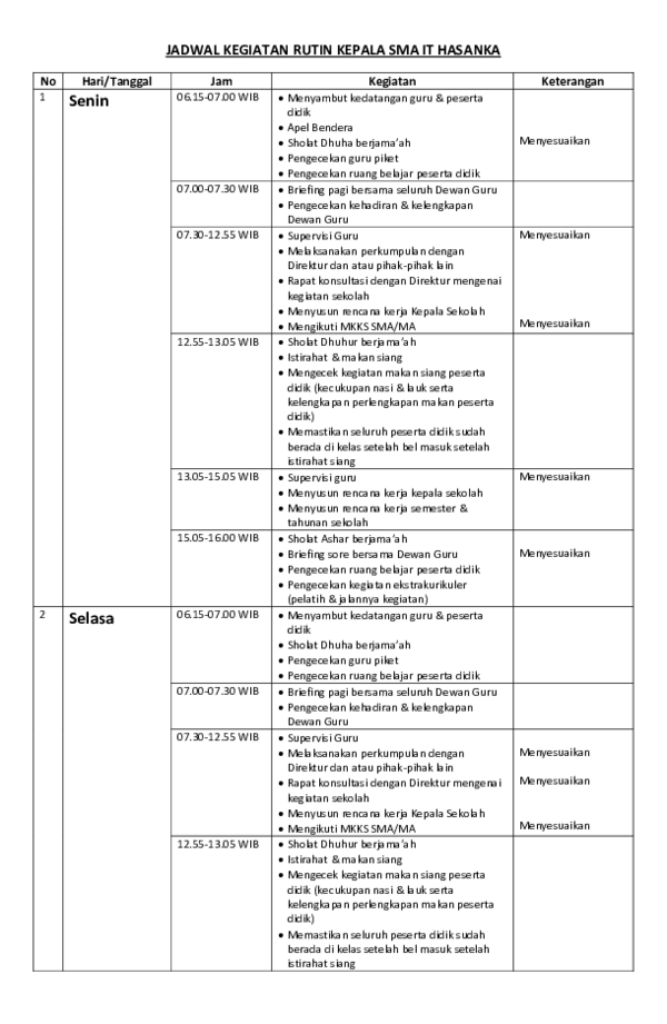 (DOC) JADWAL KEGIATAN RUTIN KEPALA SMA IT HASANKA PALANGKA RAYA