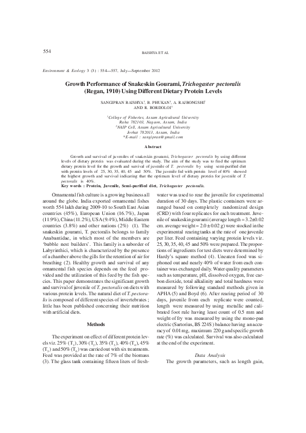 (PDF) Growth Performance of Snakeskin Gourami, Trichogaster pectoralis (Regan, 1910) Using ...
