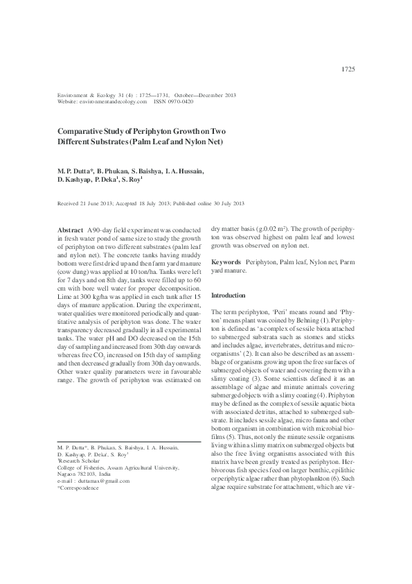 (PDF) Comparative Study of Periphyton Growth on Two Different ...
