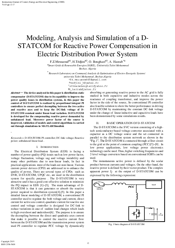 Modeling Analysis And Simulation Of A D Statcom For Reactive Power Compensation In Electric