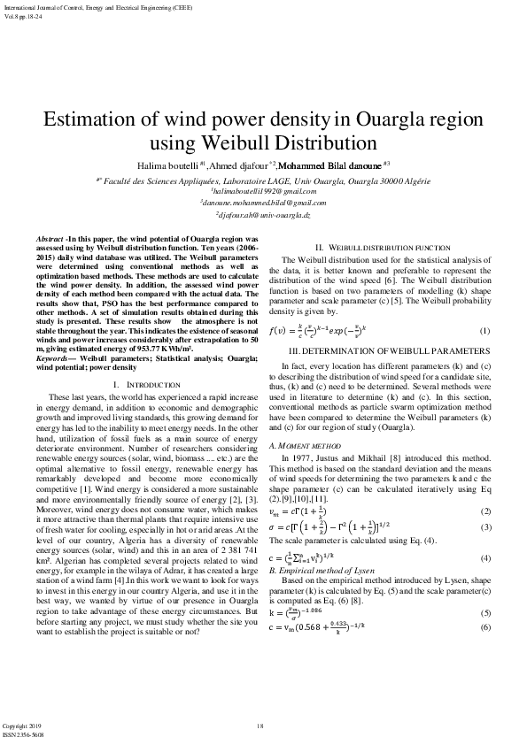 (PDF) Estimation of wind power density in Ouargla region using Weibull Distribution