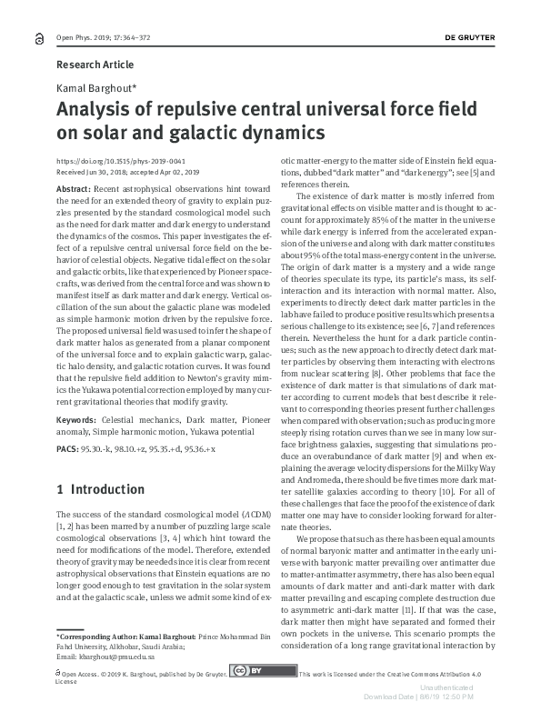 (PDF) Analysis of repulsive central universal force field on solar and galactic dynamics