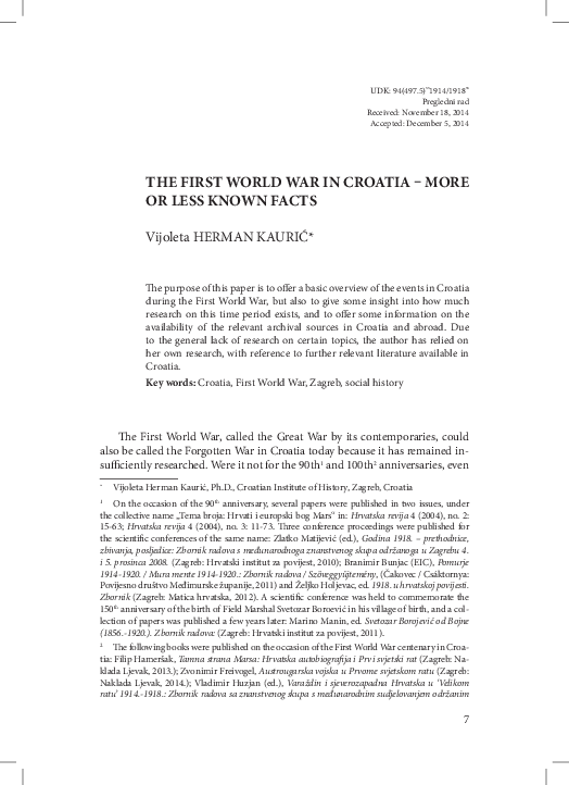 (PDF) THE FIRST WORLD WAR IN CROATIA - MORE OR LESS KNOWN FACTS