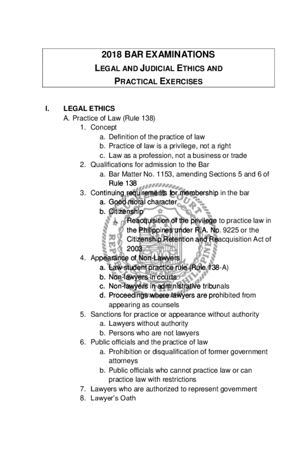 (PDF) 2018 BAR EXAMINATIONS LEGAL AND JUDICIAL ETHICS AND PRACTICAL ...