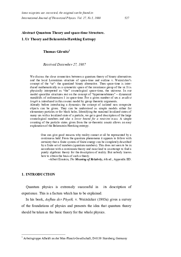 (PDF) Abstract Quantum Theory and space-time Structure. 1. Ur Theory ...