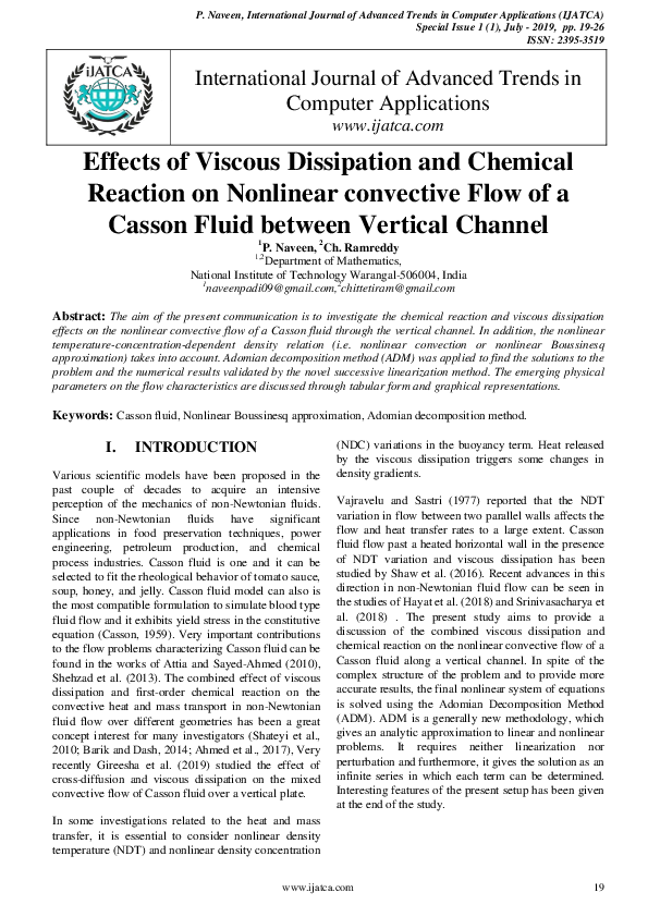 (PDF) Effects of Viscous Dissipation and Chemical Reaction on Nonlinear convective Flow of a ...