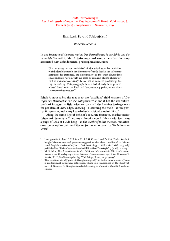 (PDF) Emil Lask: Beyond Subjectivism