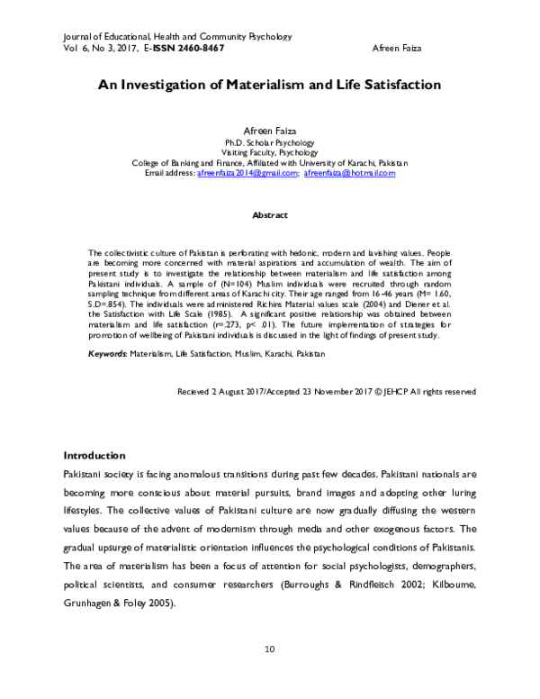 (PDF) An Investigation of Materialism and Life Satisfaction