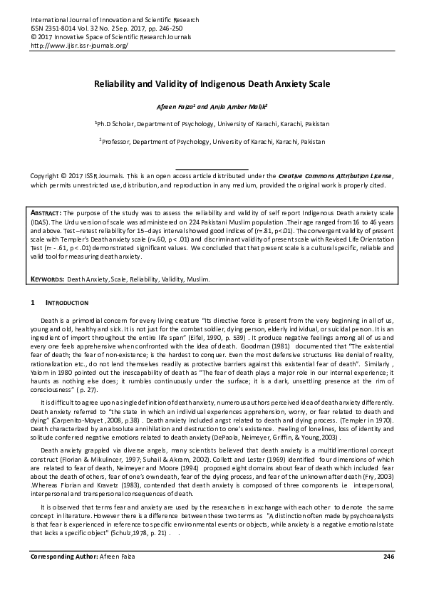 (PDF) Reliability and Validity of Indigenous Death Anxiety Scale