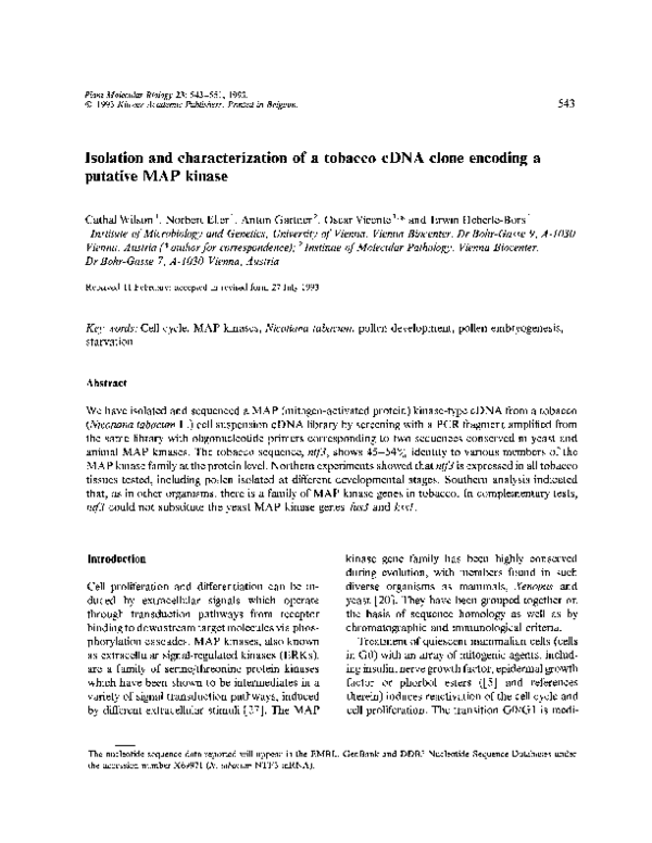 (PDF) Isolation and characterization of a tobacco cDNA clone encoding a putative MAP kinase