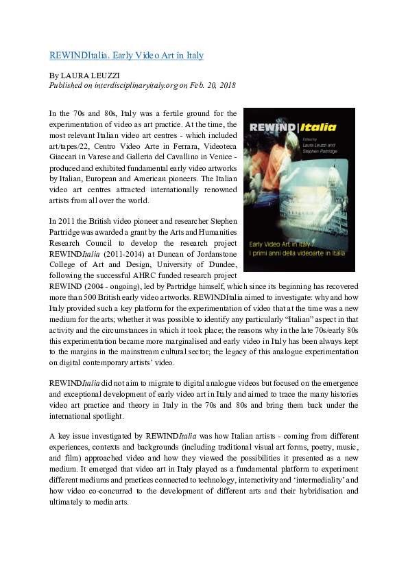 (PDF) REWINDItalia. Early Video Art in Italy, by Laura Leuzzi